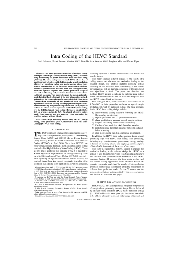 (PDF) Intra Coding of the HEVC Standard