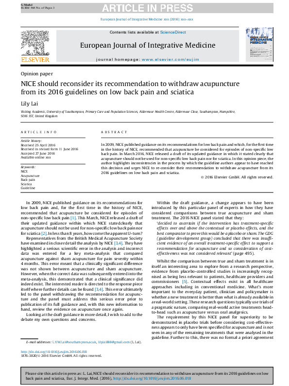 (PDF) NICE should reconsider its recommendation to withdraw acupuncture ...