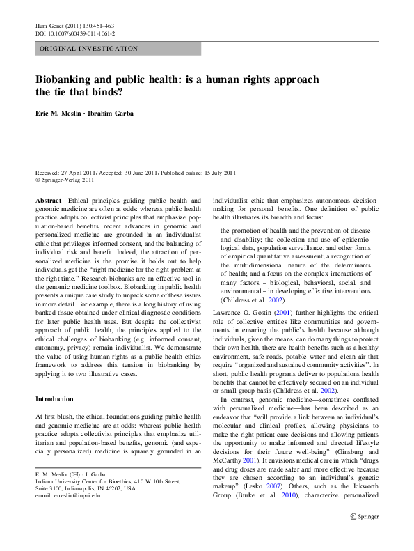 (PDF) Biobanking and public health: is a human rights approach the tie that binds?