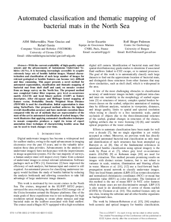 Pdf Automated Classification And Thematic Mapping Of Bacterial Mats In The North Sea Rafael