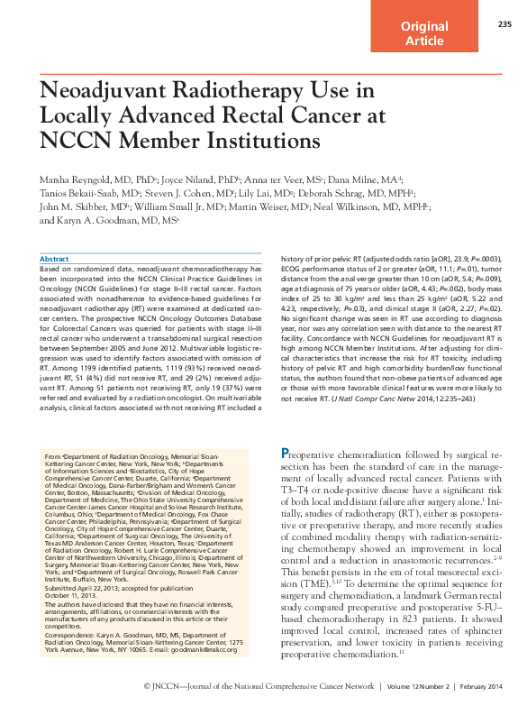 (PDF) Neoadjuvant Radiotherapy Use in Locally Advanced Rectal Cancer at ...