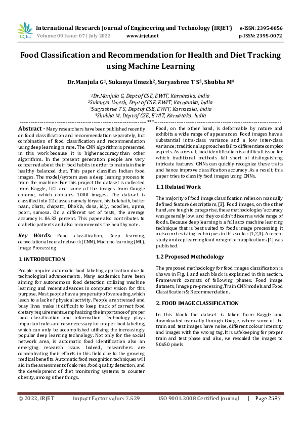 (PDF) Food Classification and Recommendation for Health and Diet ...
