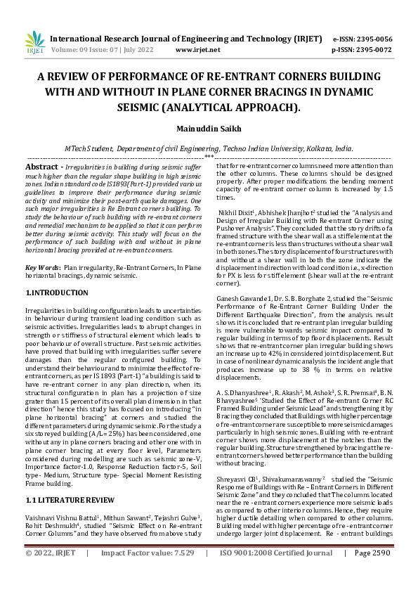 Pdf A Review Of Performance Of Re Entrant Corners Building With And Without In Plane Corner