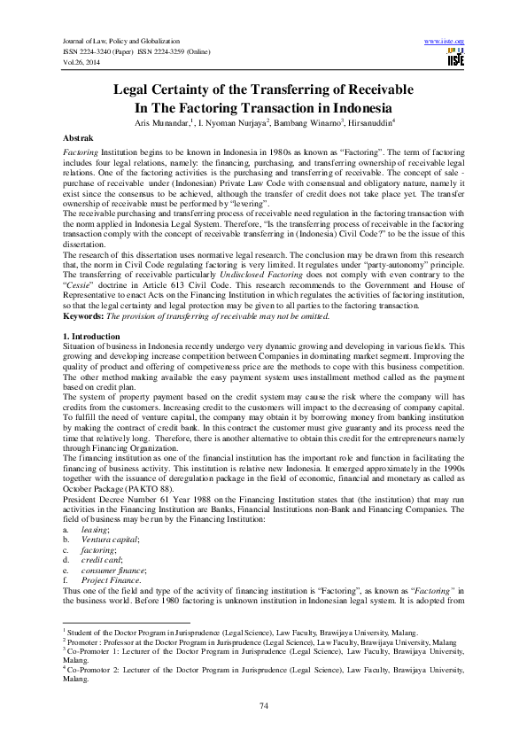 (PDF) Legal Certainty in Indonesian Factoring Receivables