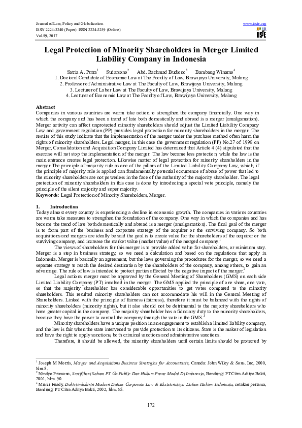 (PDF) Legal Protection of Minority Shareholders in Merger Limited Liability Company in Indonesia