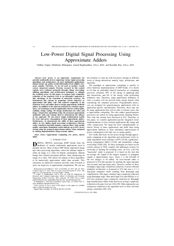 (PDF) Low-Power Digital Signal Processing Using Approximate Adders