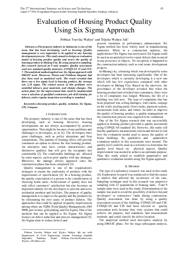 (PDF) Evaluation of Housing Product Quality Using Six Sigma Approach