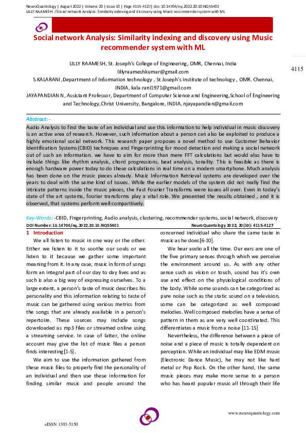 Pdf Social Network Analysis Similarity Indexing And Discovery Using Music Recommender System