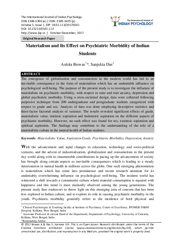 (PDF) Materialism and Its Effect on Psychiatric Morbidity of Indian ...