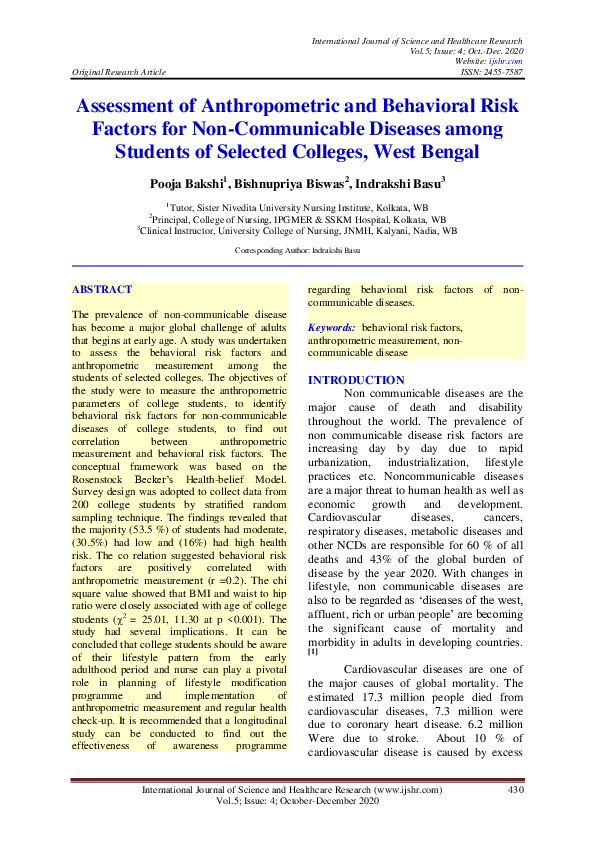 (PDF) Assessment of Anthropometric and Behavioral Risk Factors for Non-Communicable Diseases ...