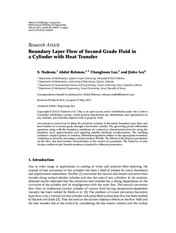 (PDF) Boundary Layer Flow of Second Grade Fluid in a Cylinder with Heat ...
