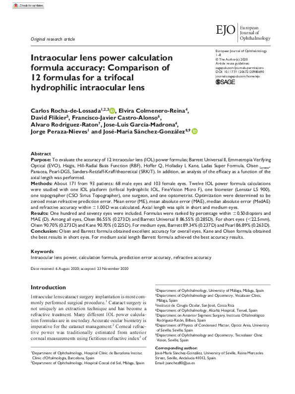 (PDF) Intraocular lens power calculation formula accuracy: Comparison of 12 formulas for a ...