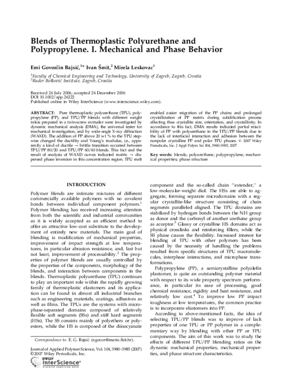 (PDF) Blends of thermoplastic polyurethane and polypropylene. I. Mechanical and phase behavior
