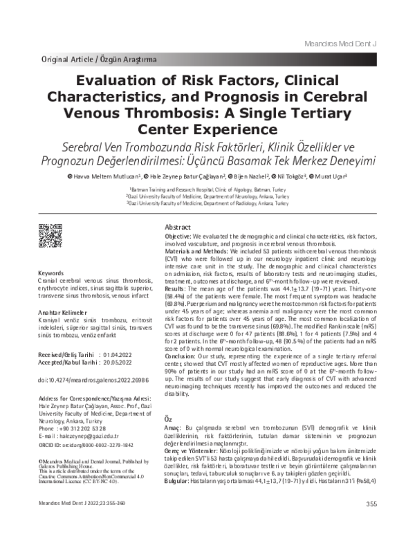(PDF) Evaluation of Risk Factors, Clinical Characteristics, and Prognosis in Cerebral Venous ...