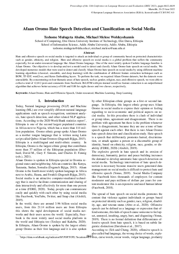 Pdf Afaan Oromo Hate Speech Detection And Classification On Social Media