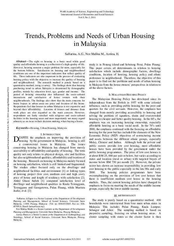 (PDF) Trends, Problems And Needs Of Urban Housing In Malaysia