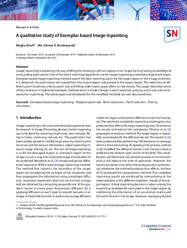 (PDF) A qualitative study of Exemplar based Image Inpainting