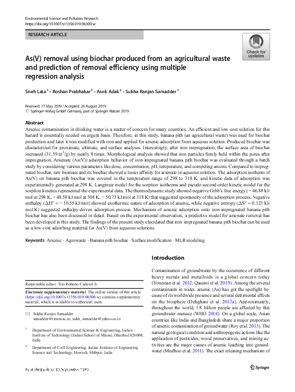 (PDF) As(V) removal using biochar produced from an agricultural waste ...