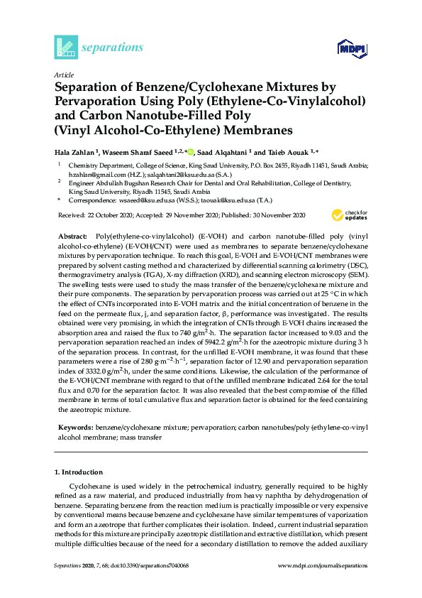 (PDF) Separation of Benzene/Cyclohexane Mixtures by Pervaporation Using ...