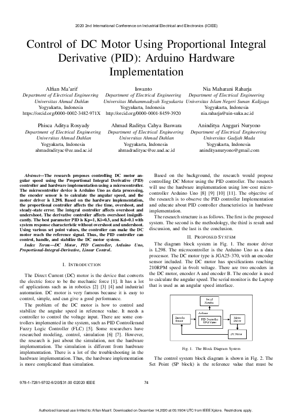(PDF) Control of DC Motor Using Proportional Integral Derivative (PID): Arduino Hardware ...