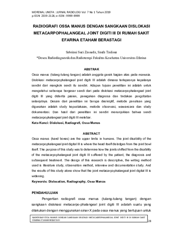 (PDF) Radiografi Ossa Manus Dengan Sangkaan Dislokasi Metacarpophalangeal Joint Digiti III DI ...