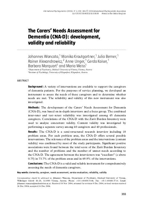 (PDF) The Carers' Needs Assessment for Dementia (CNA-D): development ...
