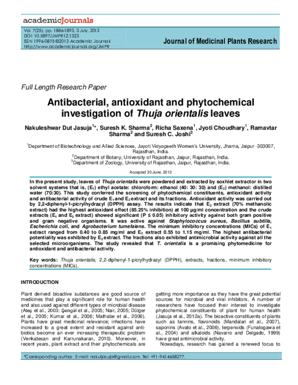 (PDF) Antibacterial, Antioxidant and Phytochemical Investigation of Thuja orientalis Leaves