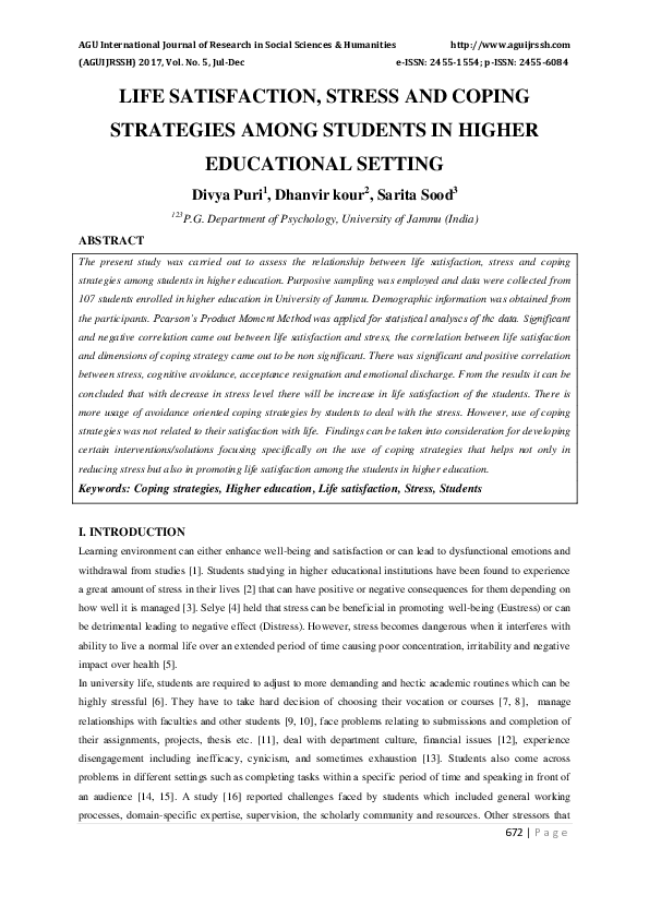 (PDF) Life Satisfaction , Stress and Coping Strategies Among Students in Higher Educational Setting