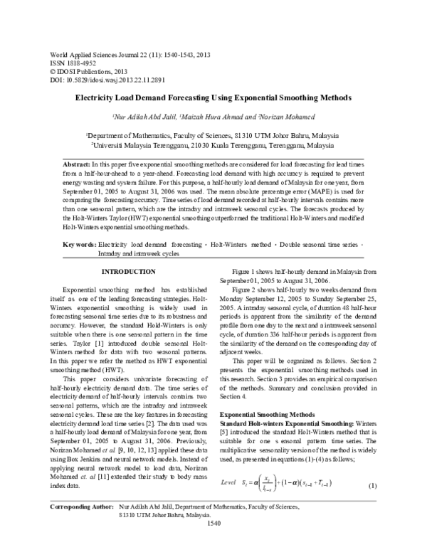 Pdf Electricity Load Demand Forecasting Using Exponential Smoothing
