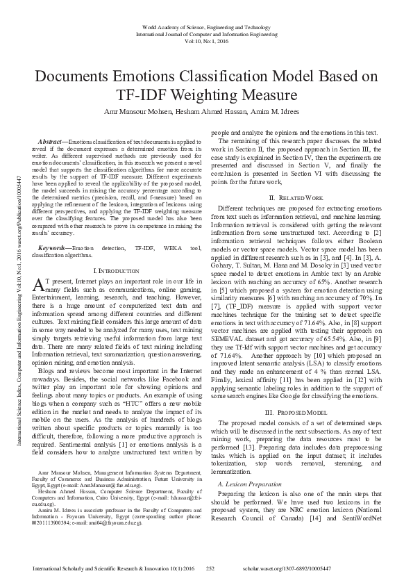 (PDF) Documents Emotions Classification Model Based On Tf-Idf Weighting Measure