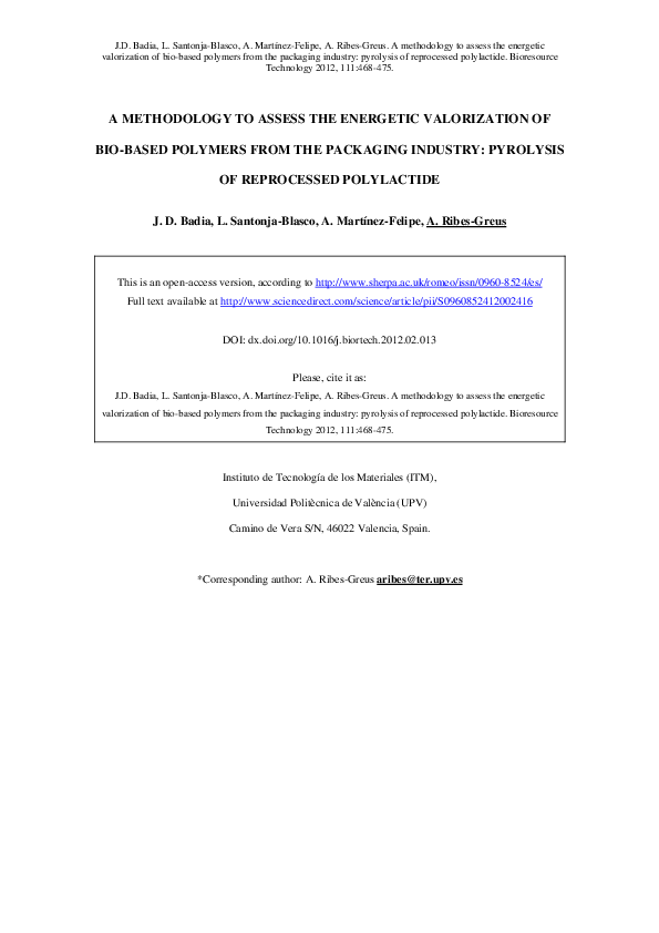 (PDF) A methodology to assess the energetic valorization of bio-based polymers from the ...
