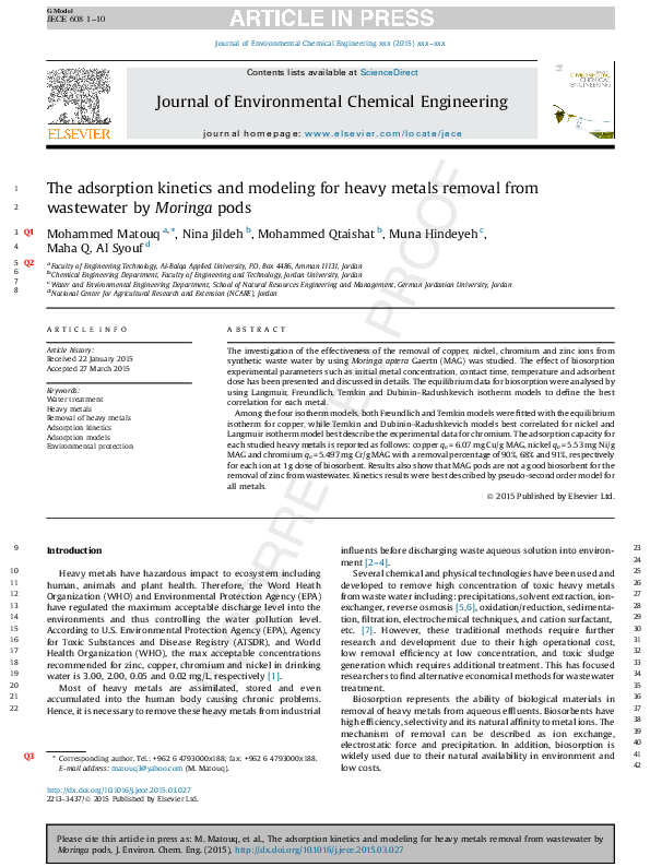 (PDF) The adsorption kinetics and modeling for heavy metals removal from wastewater by Moringa pods