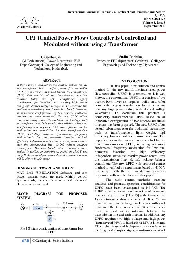 (PDF) UPF (Unified Power Flow) Controller Is Controlled and Modulated without using a Transformer