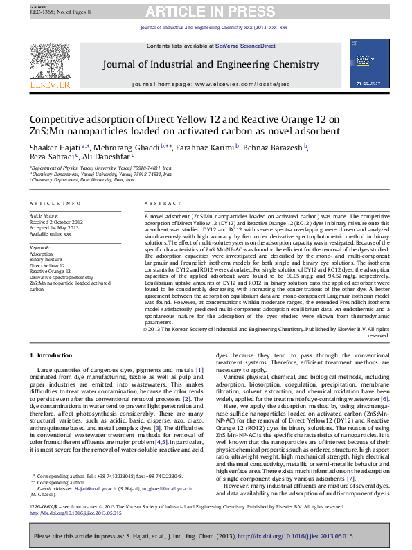 (PDF) Competitive adsorption of Direct Yellow 12 and Reactive Orange 12 ...