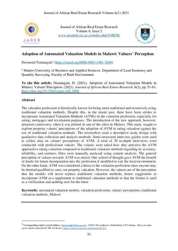 (PDF) Adoption of Automated Valuation Models in Malawi: Valuers' Perception
