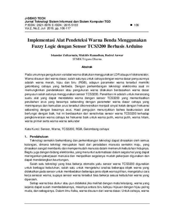 (PDF) Implementasi Alat Pendeteksi Warna Benda Menggunakan Fuzzy Logic dengan Sensor TCS3200 ...