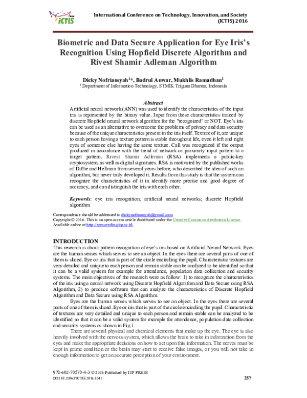 (PDF) Biometric and Data Secure Application for Eye Iris’s Recognition Using Hopfield Discrete ...