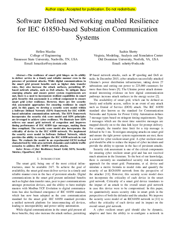 (PDF) Software Defined Networking enabled resilience for IEC 61850-based substation ...