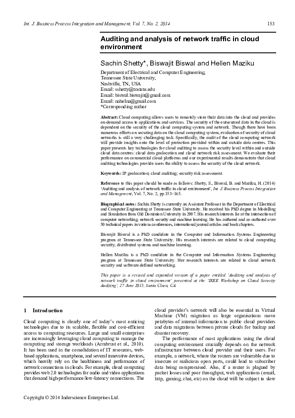 (PDF) Auditing and Analysis of Network Traffic in Cloud Environment