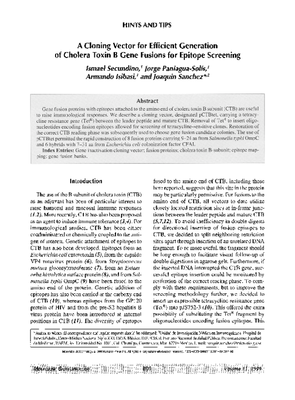 (PDF) A cloning vector for efficient generation of cholera toxin B gene ...