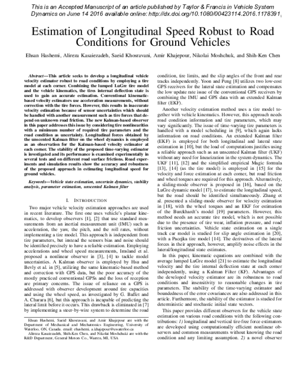 (PDF) Estimation of longitudinal speed robust to road conditions for ...