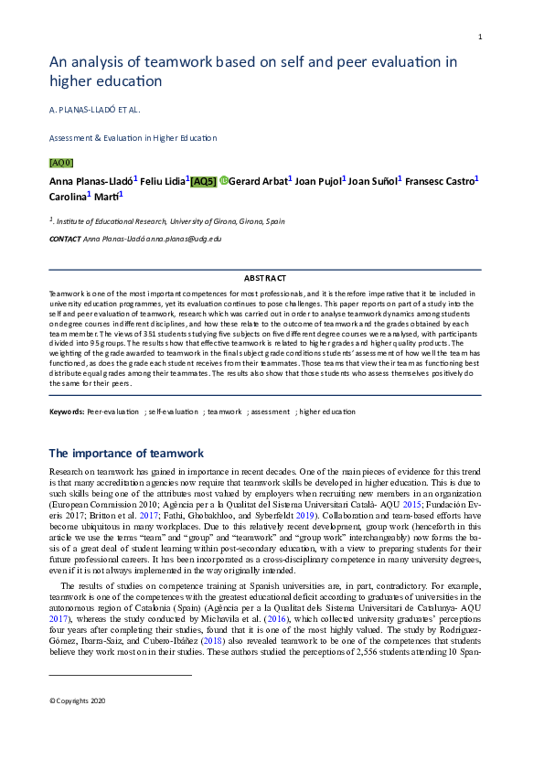 (PDF) An analysis of teamwork based on self and peer evaluation in higher education