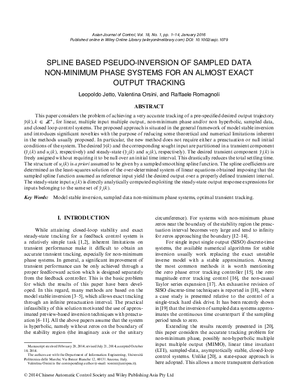 Pdf Spline Based Pseudo Inversion Of Sampled Data Non Minimum Phase Systems For An Almost 