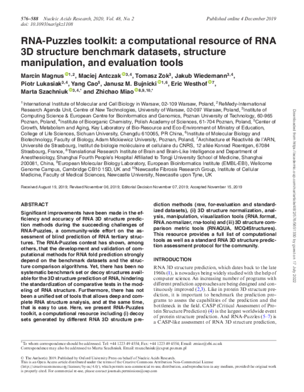 Pdf Rna Puzzles Toolkit A Computational Resource Of Rna 3d Structure Benchmark Datasets