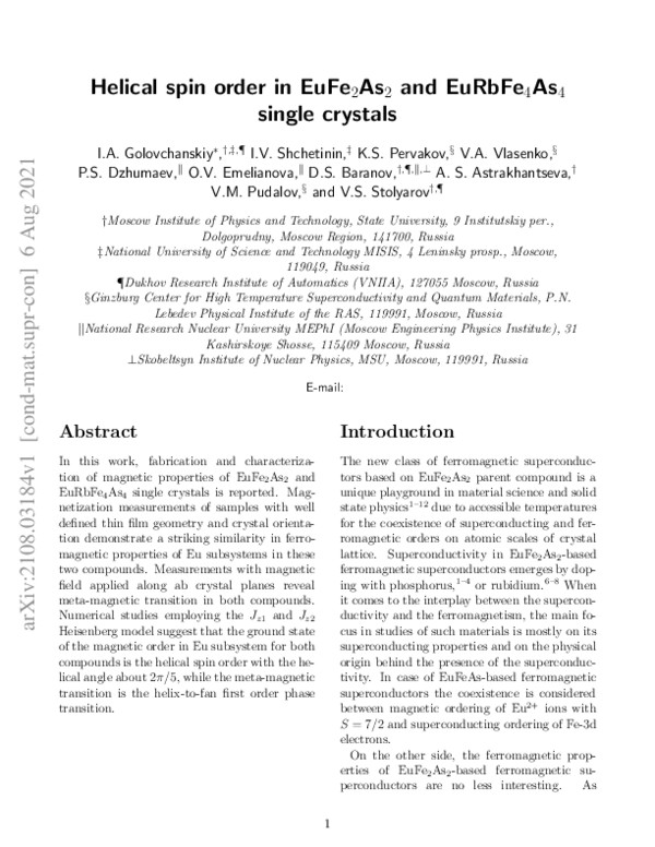 (PDF) Helical spin order in EuFe2As2 and EuRbFe4As4 single crystals