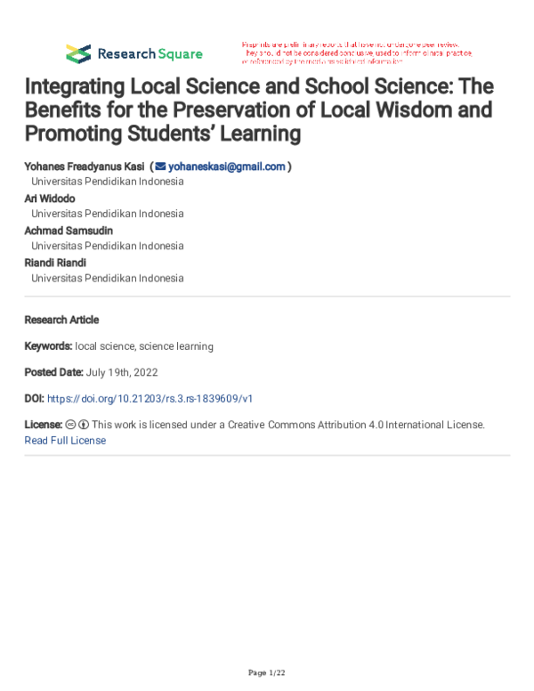 (PDF) Integrating Local Science and School Science: The Benefits for ...