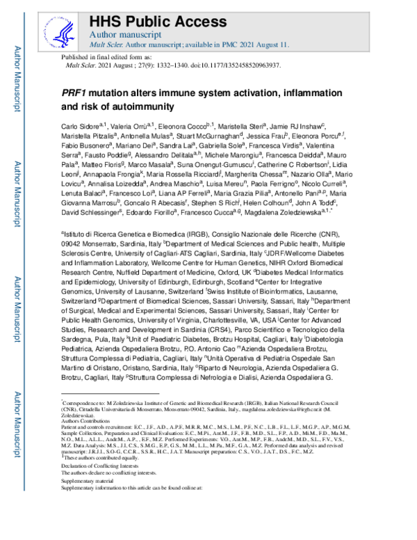(PDF) PRF1 mutation alters immune system activation, inflammation, and ...