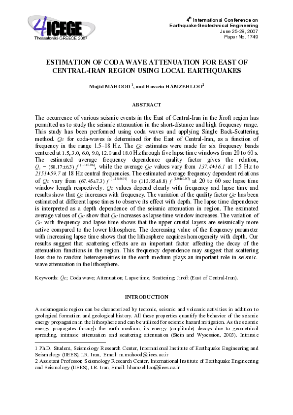 (PDF) Estimation of coda wave attenuation in East Central Iran