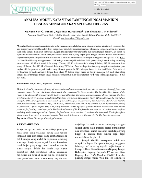 (PDF) Analisa Model Kapasitas Tampung Sungai Manikin Dengan Menggunakan Aplikasi Hec-Ras