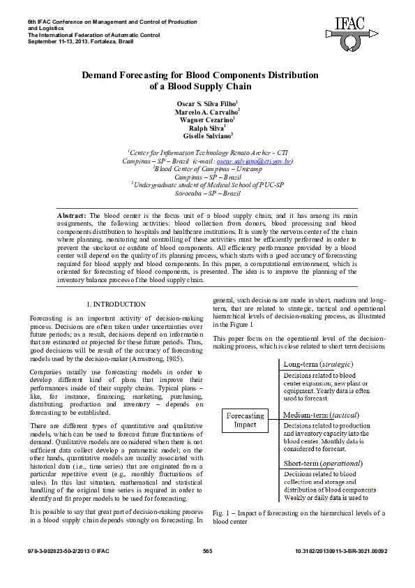 (PDF) Demand Forecasting for Blood Components Distribution of a Blood Supply Chain